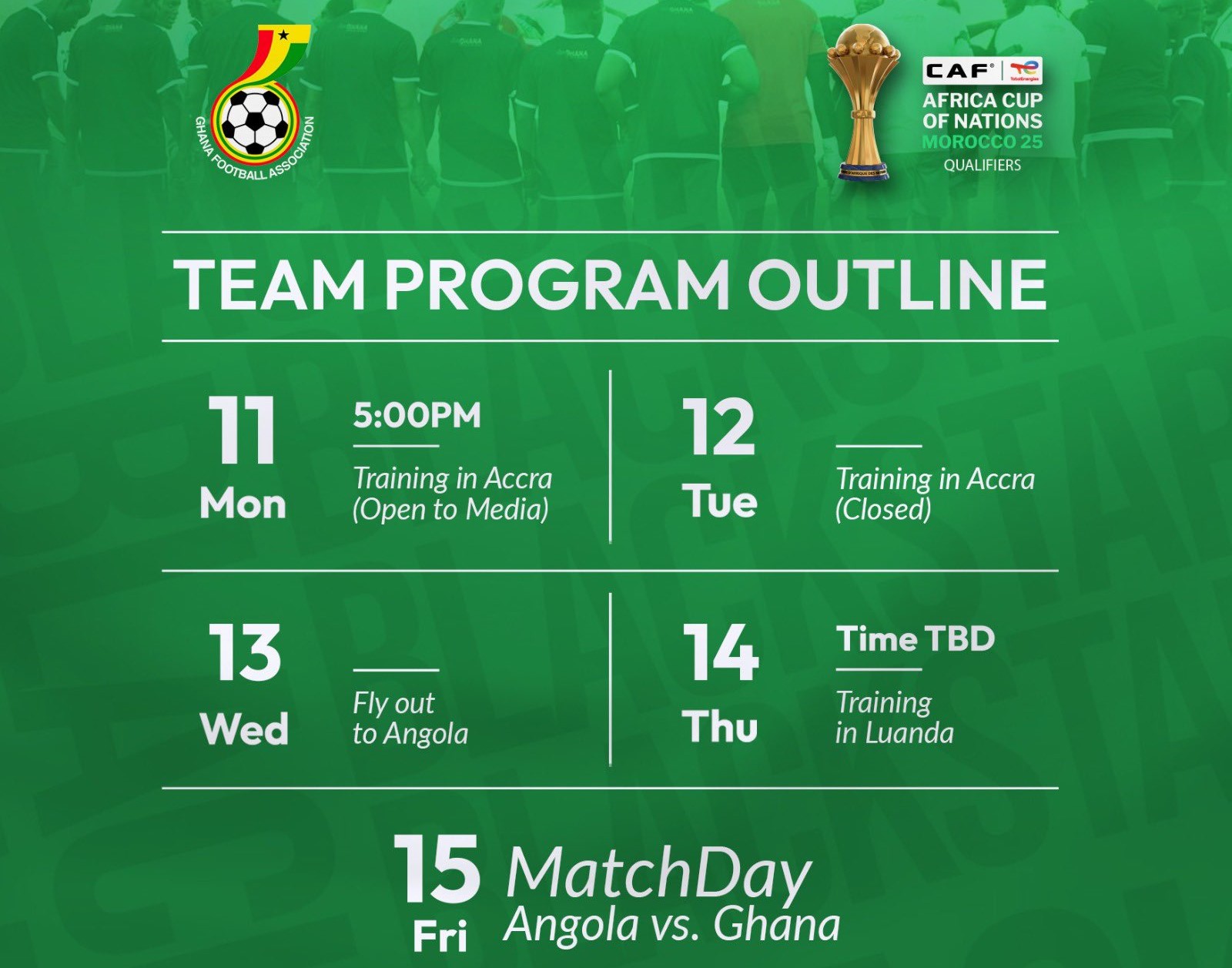 2025 AFCON Q: Black Stars to train in Accra for Angola clash